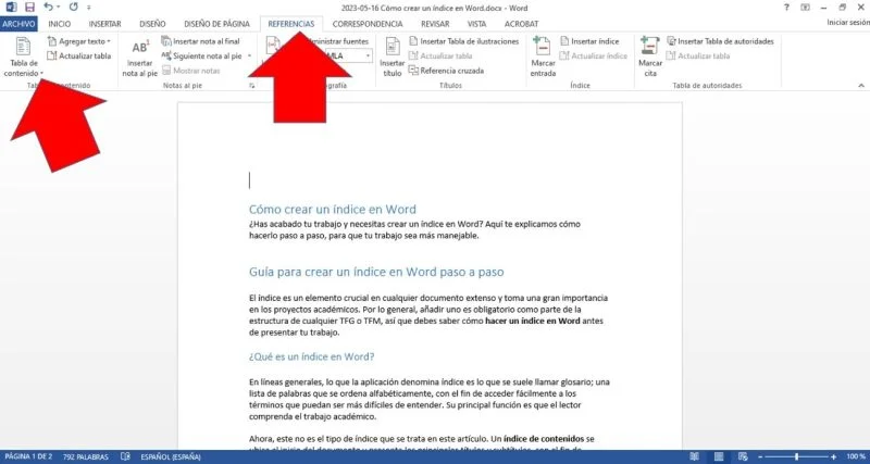 Guía para crear un índice en Word paso a paso