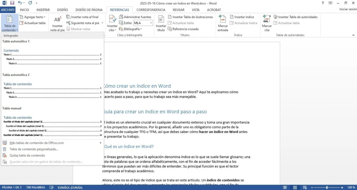 Guía para crear un índice en Word paso a paso