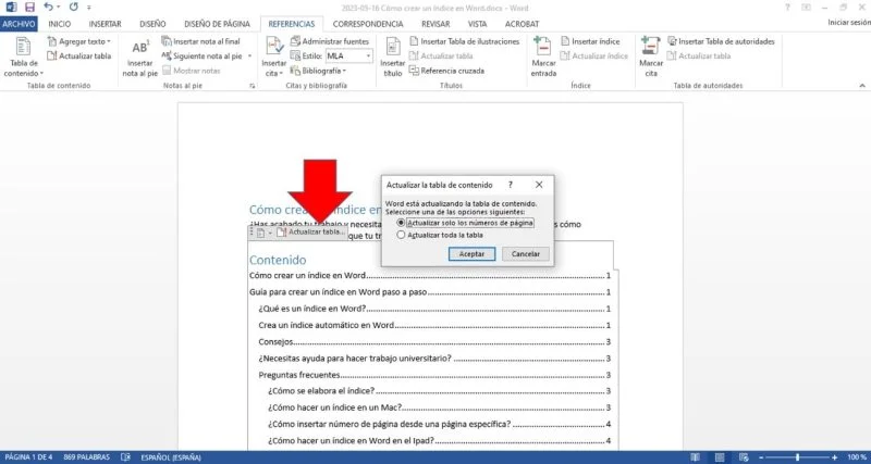 Guía para crear un índice en Word paso a paso
